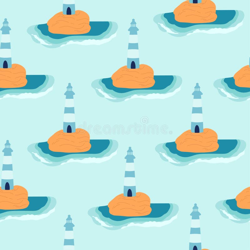 Vector Lighthouses Seamless Pattern with Waves, Fish, Anchor, Ocean ...