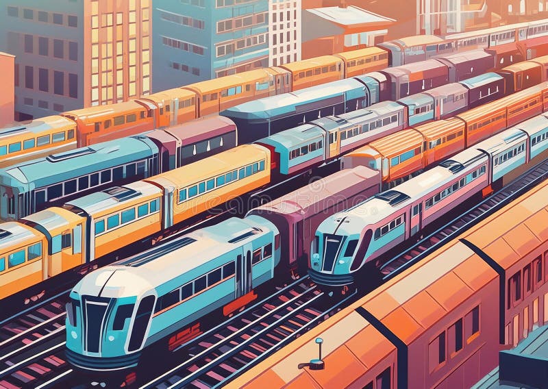 A Vector Like Image of Train Engines and Carriages Parked at a Railway ...