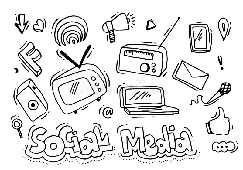 Vector Line Art Doodle Cartoon Set of Objects and Symbols on the Social ...