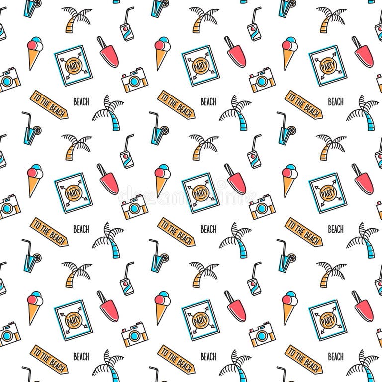 Vector Line Art Summer Seamless Beach Pattern. Seamless Fabric or ...