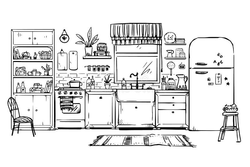 Vector Line Drawing of a Cozy Kitchen Stock Vector - Illustration of ...
