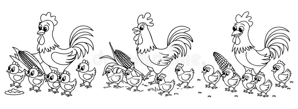 Vector Line Drawing of a Family of Chickens Stock Vector - Illustration ...