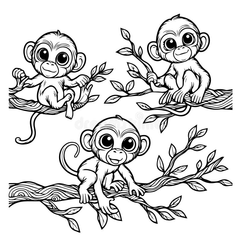 Vector Line Drawing of a Group of Monkeys in Black and White Stock ...