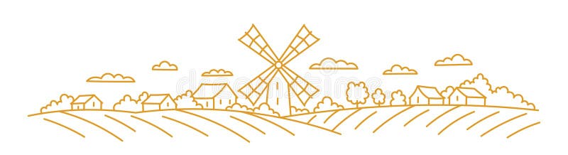 Landscape Fields with a Windmill. Vector Line. Editable Outline Stroke ...