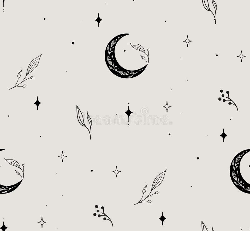 Vector Line Floral Seamless Pattern, Moon, Stars Stock Vector ...