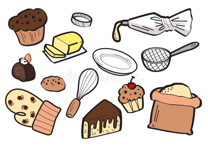Vector Line Illustration Art Bakery Item Icons and Objects Stock ...