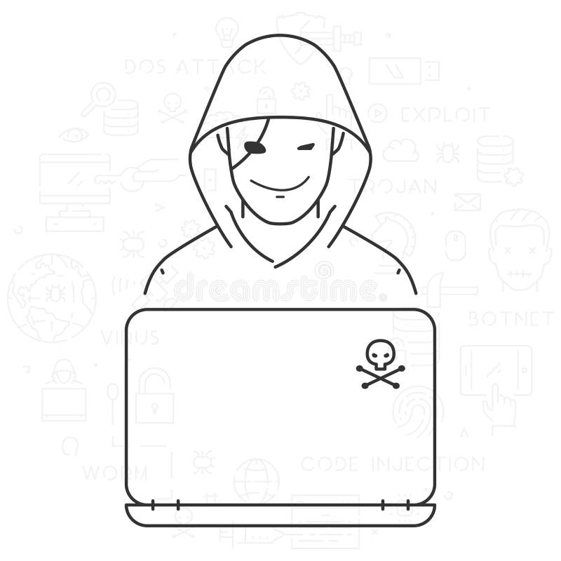Vector Line Image of Hacker on White Background Stock Illustration ...