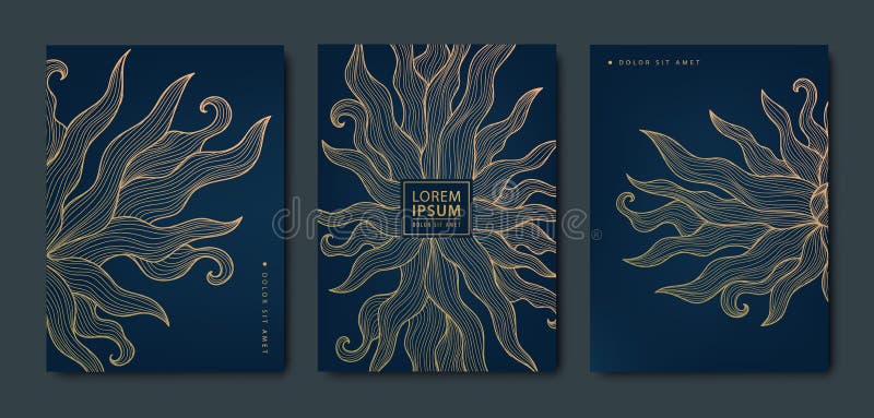 Vector Line Style Covers, Art Deco Patterns. Wavy Sun Rays, Golden ...
