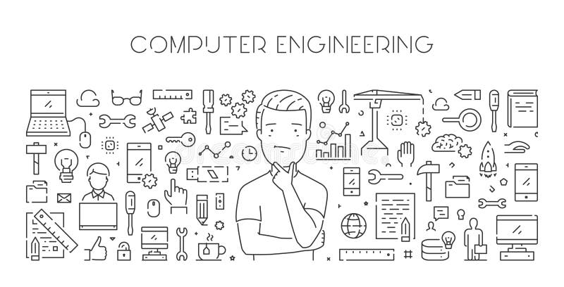Vector Line Web Banner for Computer Engineering Stock Illustration ...