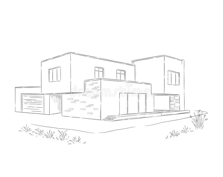 Linear Architectural Sketch Modern Detached House Stock Illustrations ...