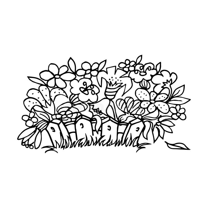 Vector Linear Black and White Illustration of a Flower Garden in Doodle ...