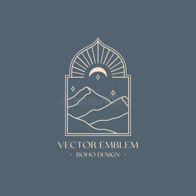 Vector Linear Boho Emblem with Abstract Mountain Landscape in Moroccan ...