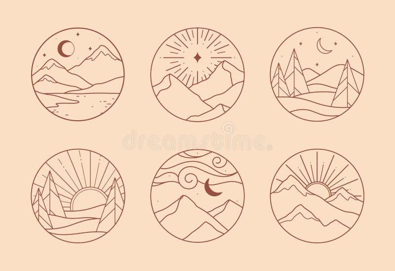 Vector Linear Boho Emblems with Abstract Mountain Landscapes.Travel ...