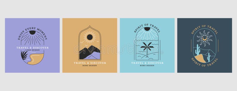Vector Linear Boho Emblems or Travel Logos with Abstract Mountain ...
