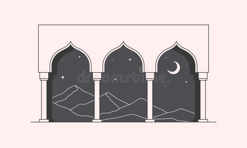 Vector Linear Boho Illustration with Abstract Mountain Landscape in ...