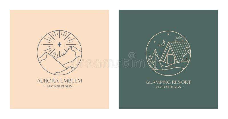 Vector Linear Glamping Emblems with Forest Landscape,aurora Lights ...