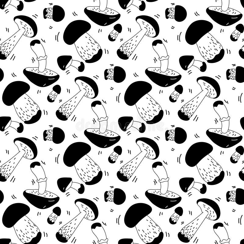 Vector Linear Seamless Pattern with Mushrooms and Decor. a Hand-drawn ...