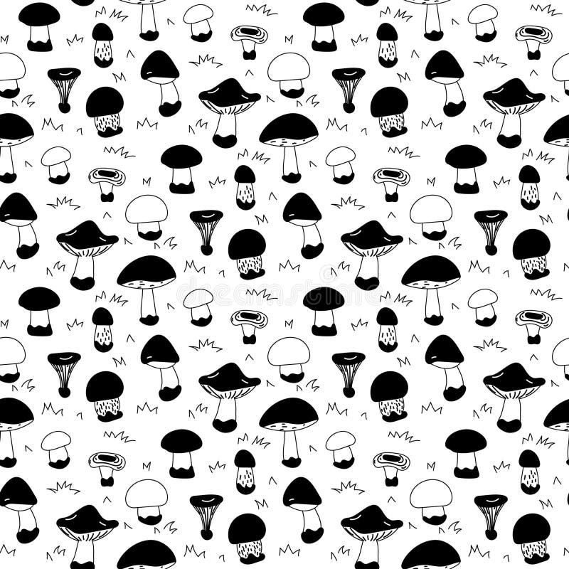 Vector Linear Seamless Pattern with Mushrooms. a Hand-drawn Texture ...