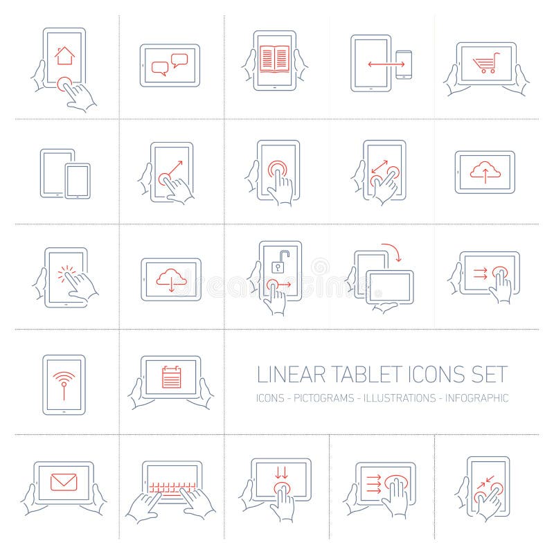 Vector Linear Tablet Icons Set with Hand Gestures and Pictograms Stock ...
