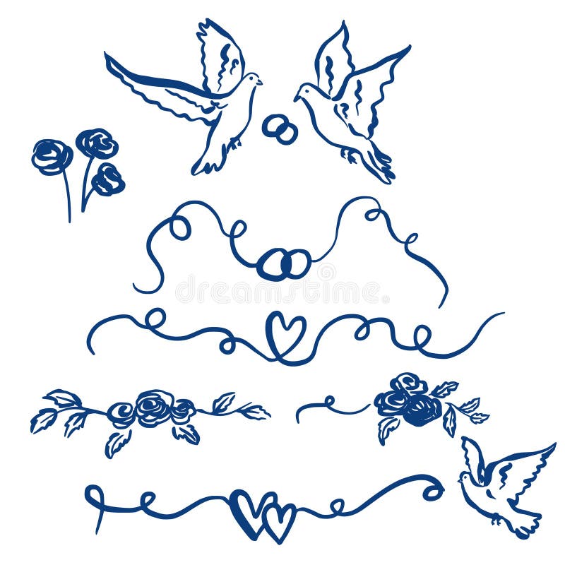 Vector Linear Wedding Doodle Illustrations. Hand-drawn Birds and ...