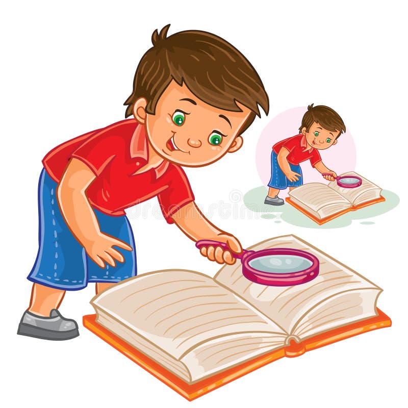 Vector Little Boy Reading A Book With A Magnifying Glass Stock Vector ...