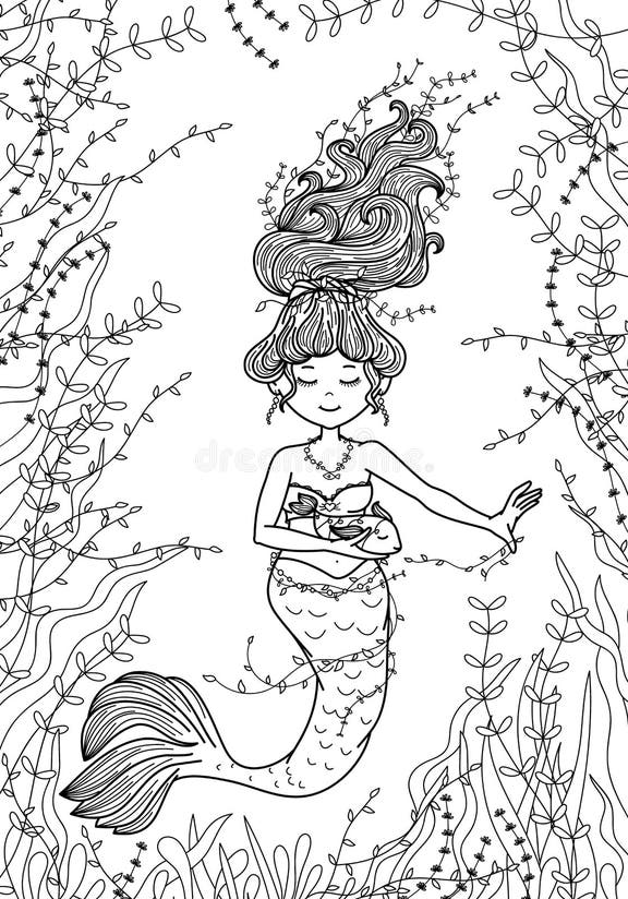 Vector Little Mermaid with Fish, Coloring Page Stock Vector ...