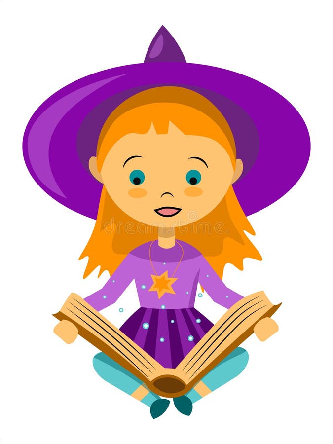 Vector Little Witch Reading a Magic Book Stock Vector - Illustration of ...