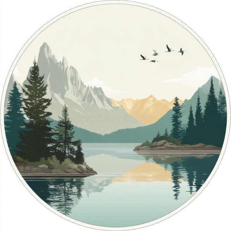 Vector Logo Depicting a Nature Scene with a Forest and Lake at Sunset ...