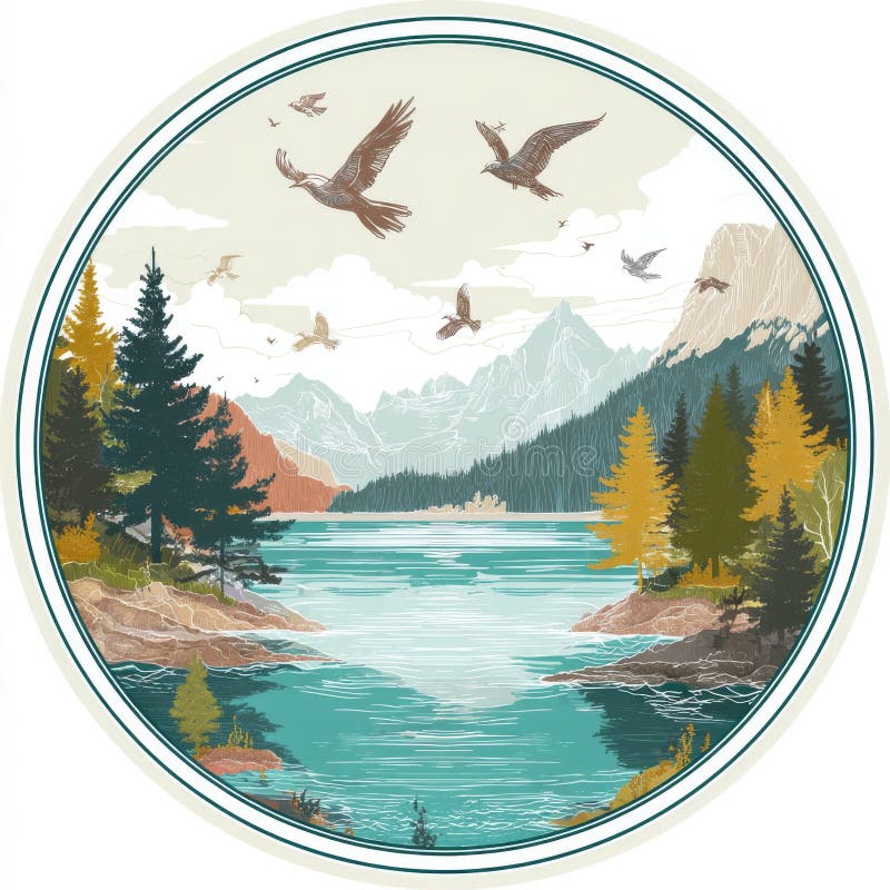 Vector Logo Depicting a Nature Scene with a Forest and Lake at Sunset ...