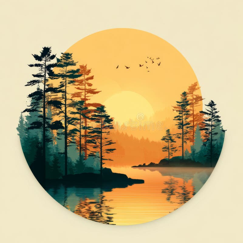 Vector Logo Depicting a Nature Scene with a Forest and Lake at Sunset ...