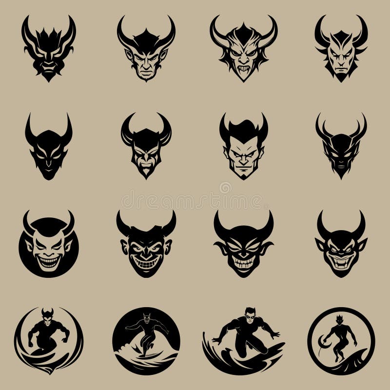 Vector Logo Set Featuring Devil S Head and Surfing Devil Stock Vector ...