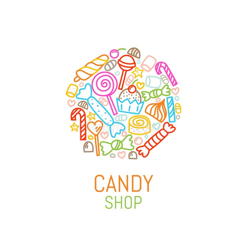 Vector Logo Template of Candy Shop with Sweets in Linear Style Stock ...