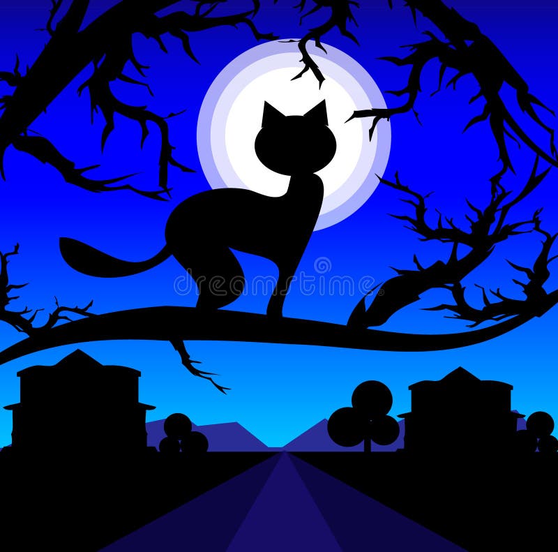 Vector Lonely Cat on a Tree Against the Night Sky Stock Illustration ...