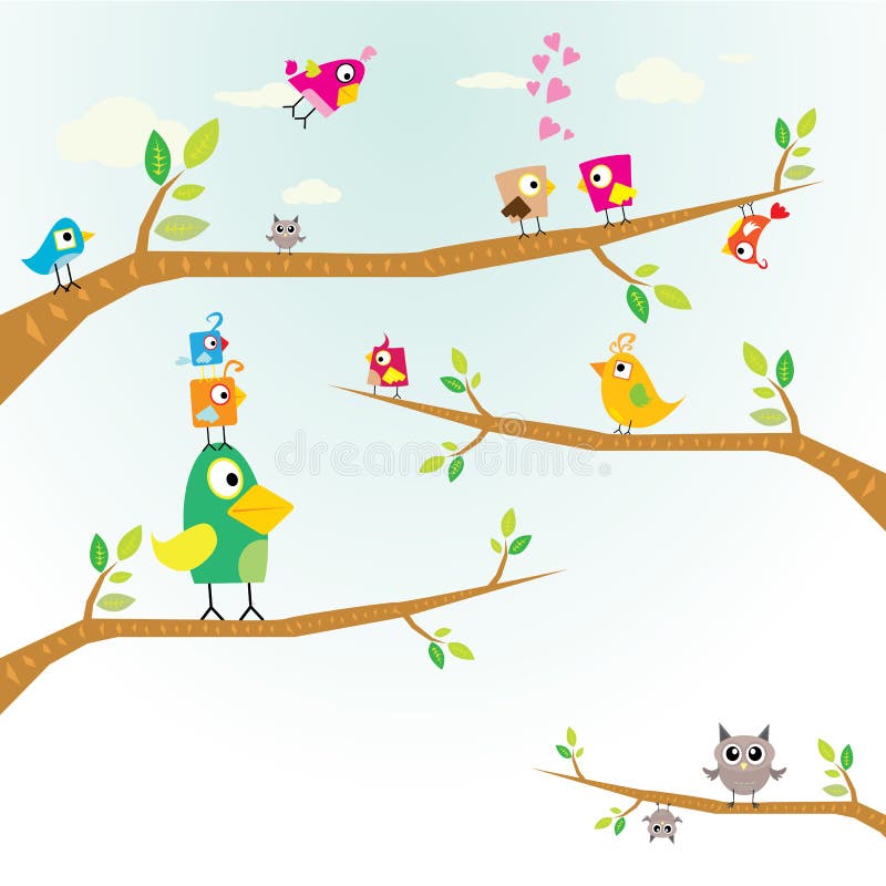 Birds on Branch. Cartoon Summer Illustration Stock Vector ...