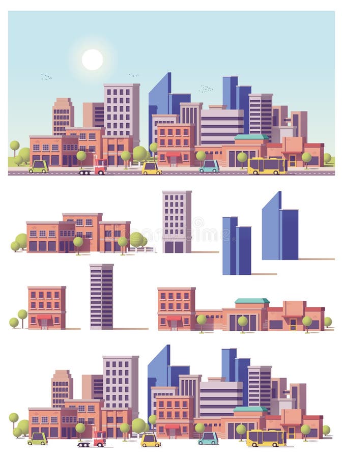 Vector Low Poly 2d Buildings and City Scene Stock Vector - Illustration ...