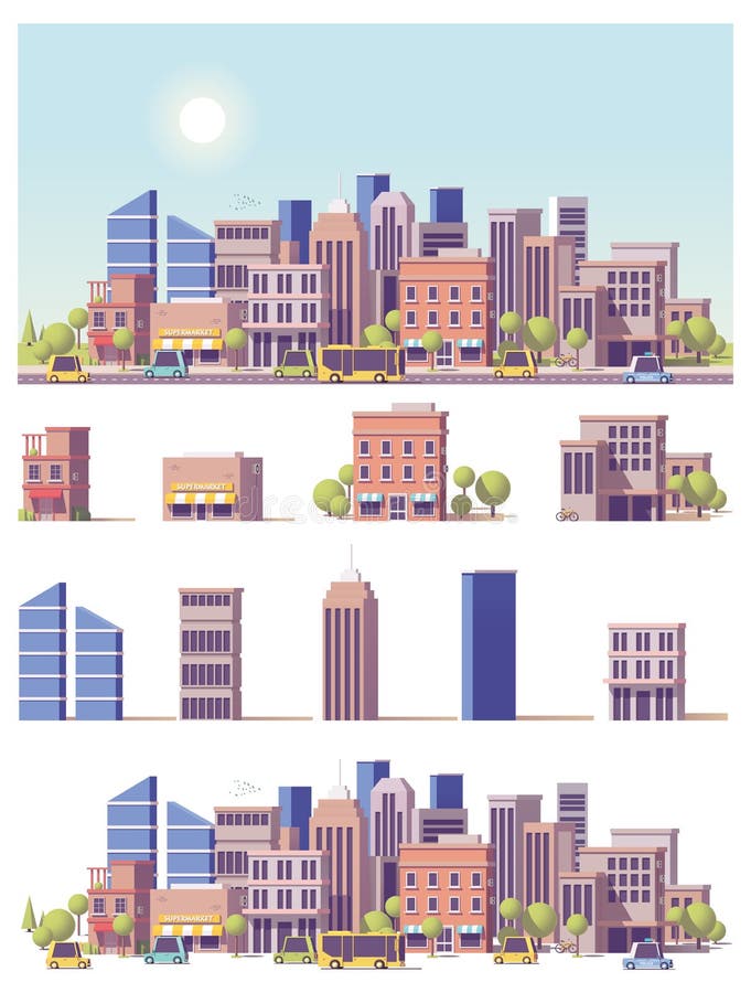 Vector Low Poly 2d Buildings and City Scene Stock Vector - Illustration ...