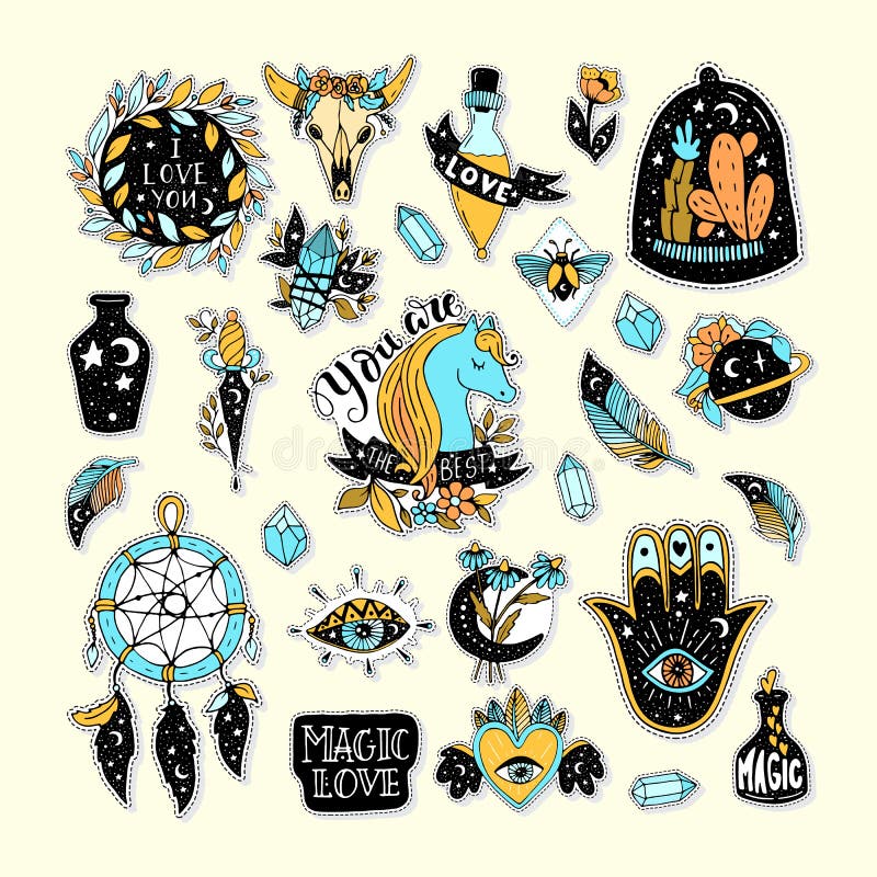 Vector Magic Love Stickers Patch, Witch Craft Stock Vector ...