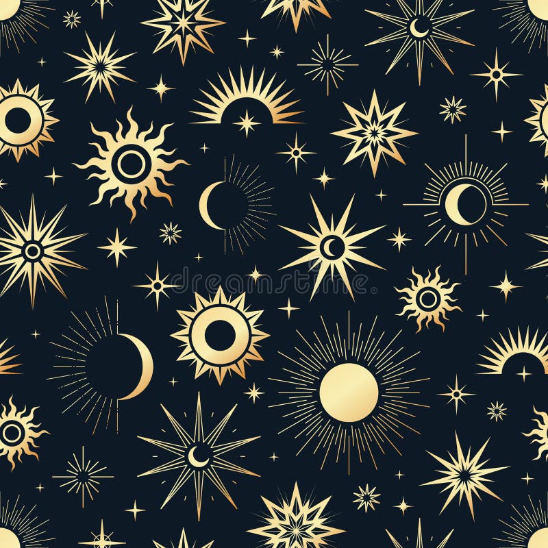 Vector Magic Seamless Pattern with Gold Sun, Moon and Stars. Stock ...