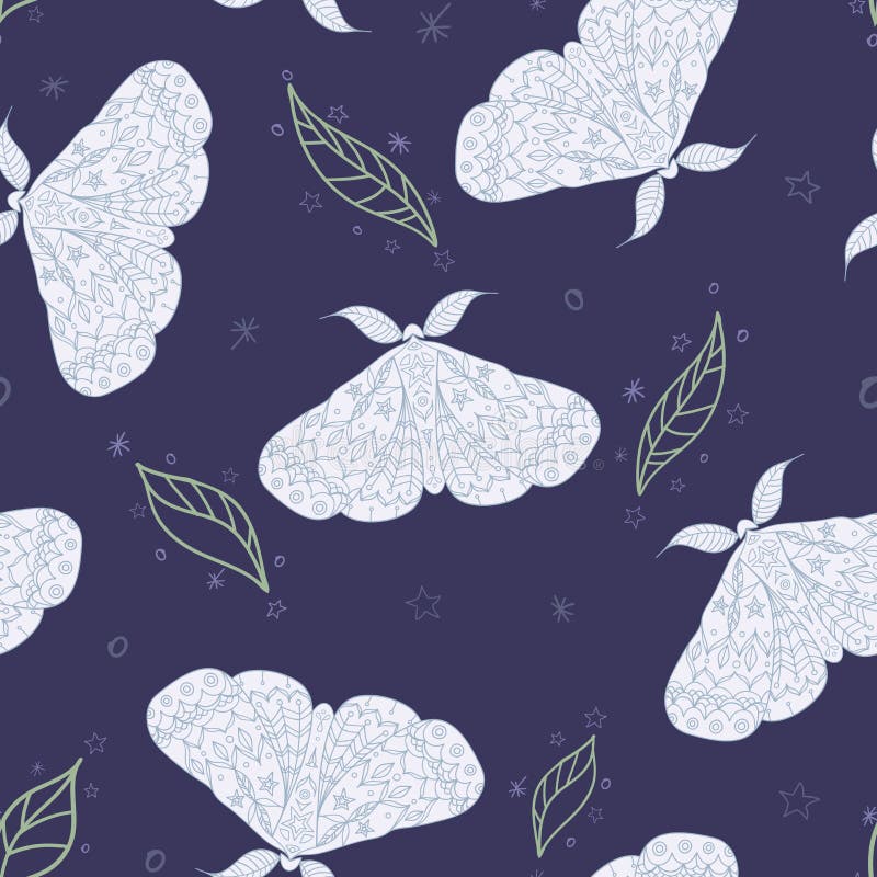 Vector Magical Moths in Sky with Leaves Seamless Pattern Background ...