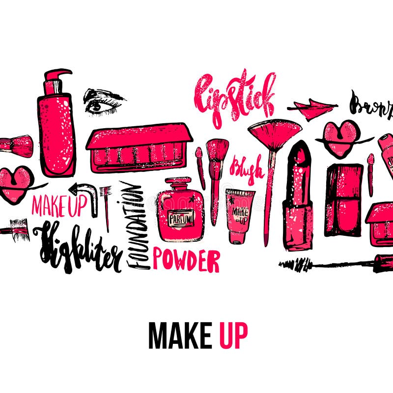 Vector Makeup Background. Glamorous Makeup Collection with Nail Polish ...