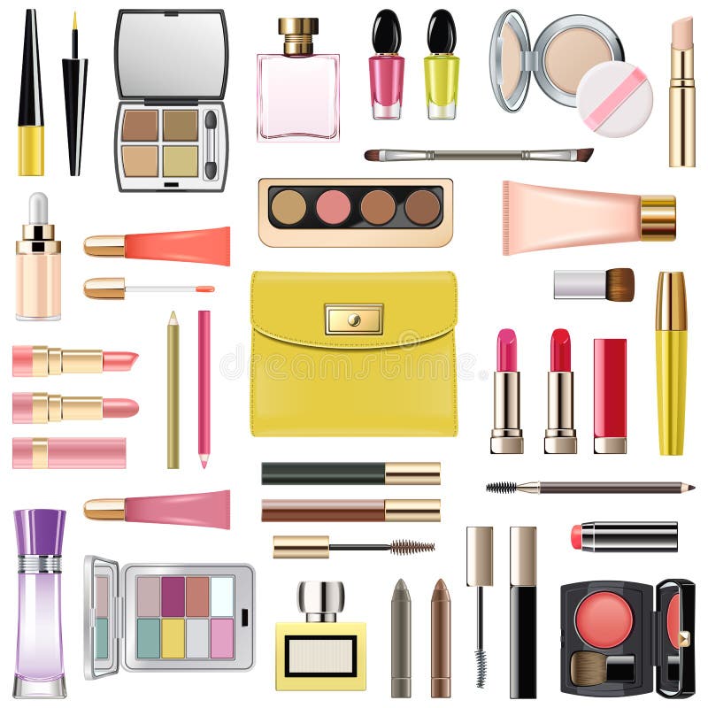 Vector Makeup Background. Glamorous Makeup Collection with Nail Polish ...