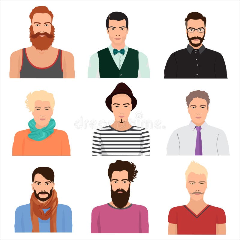 Vector Male Man Character Faces Avatars in Different Clothes and Hair ...