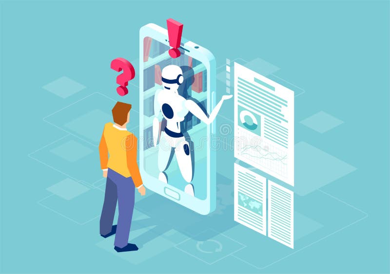 Vector of a Man Asking a Question a Robot Online on Mobile Phone Stock ...