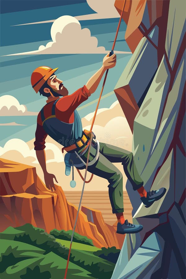 Vector of a Man Climbing a Cliff with the Help of Ropes and Climbing ...
