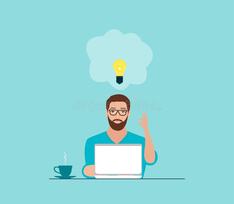 Vector of a Man with Idea Working on Laptop Stock Illustration ...