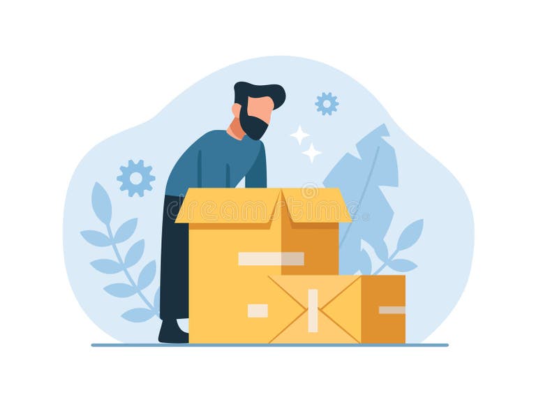 Vector of a Man Unpacking a Box Stock Illustration - Illustration of ...
