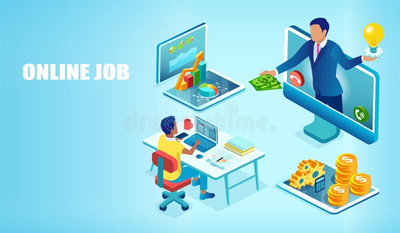Vector of a Man Working on Computer Being Rewarded for Online Job Stock ...