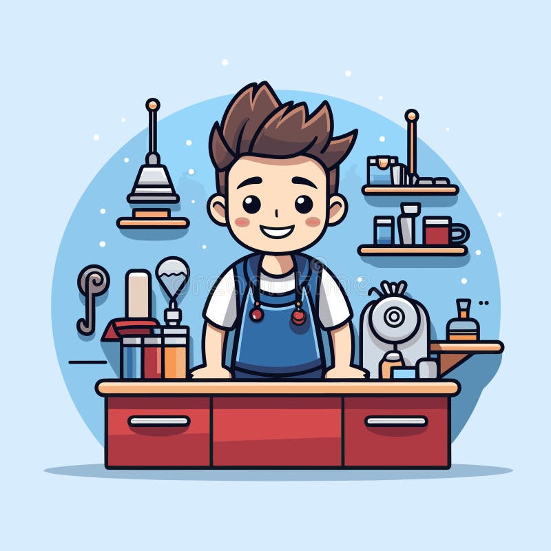 Vector of a Man Working in a Kitchen Behind a Counter Stock Vector ...