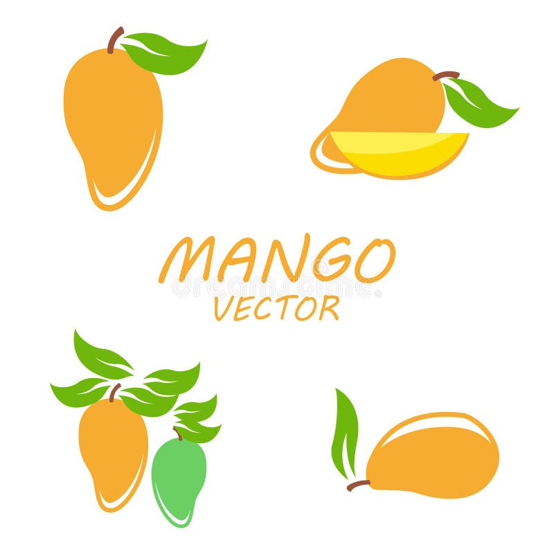 Mango Icons Set, Ink Sketch. Single Tropical Fruit with Leaves. Black ...