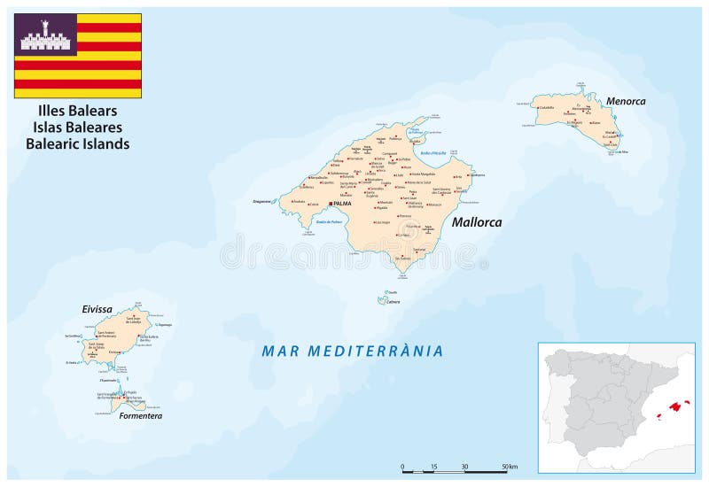 Vector Map of the Balearic Islands in the Western Mediterranean Sea ...
